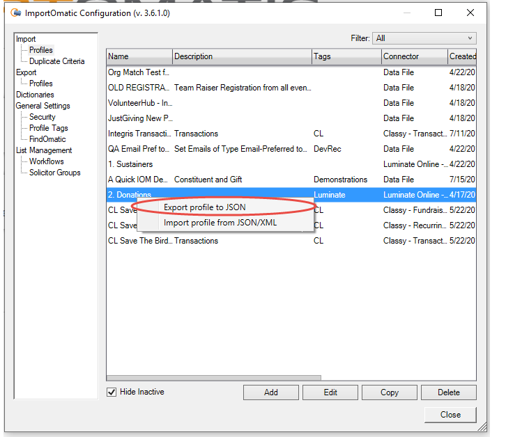 How to export an XML or JSON profile