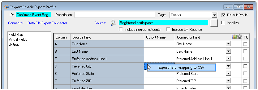 ImportOmatic Export Profile Configuration - Export Profile Field Mapping