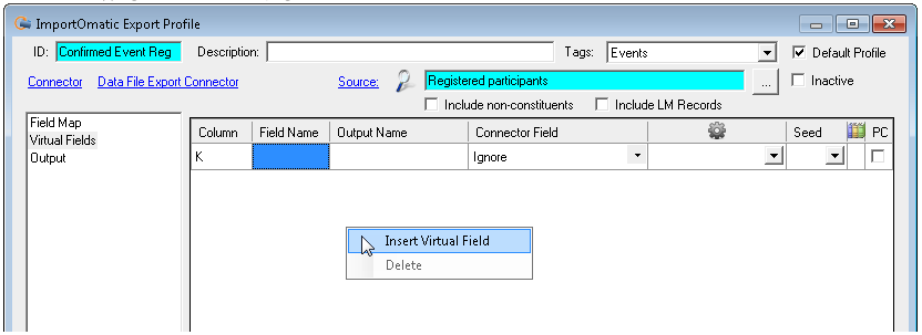 ImportOmatic Export Profile Configuration - Export Profile Virtual Fields
