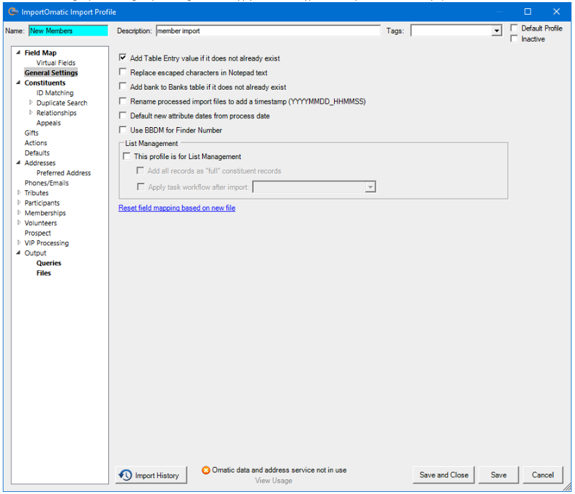 ImportOmatic - Configuration - Profiles - Profile Configuration Screens - General Settings